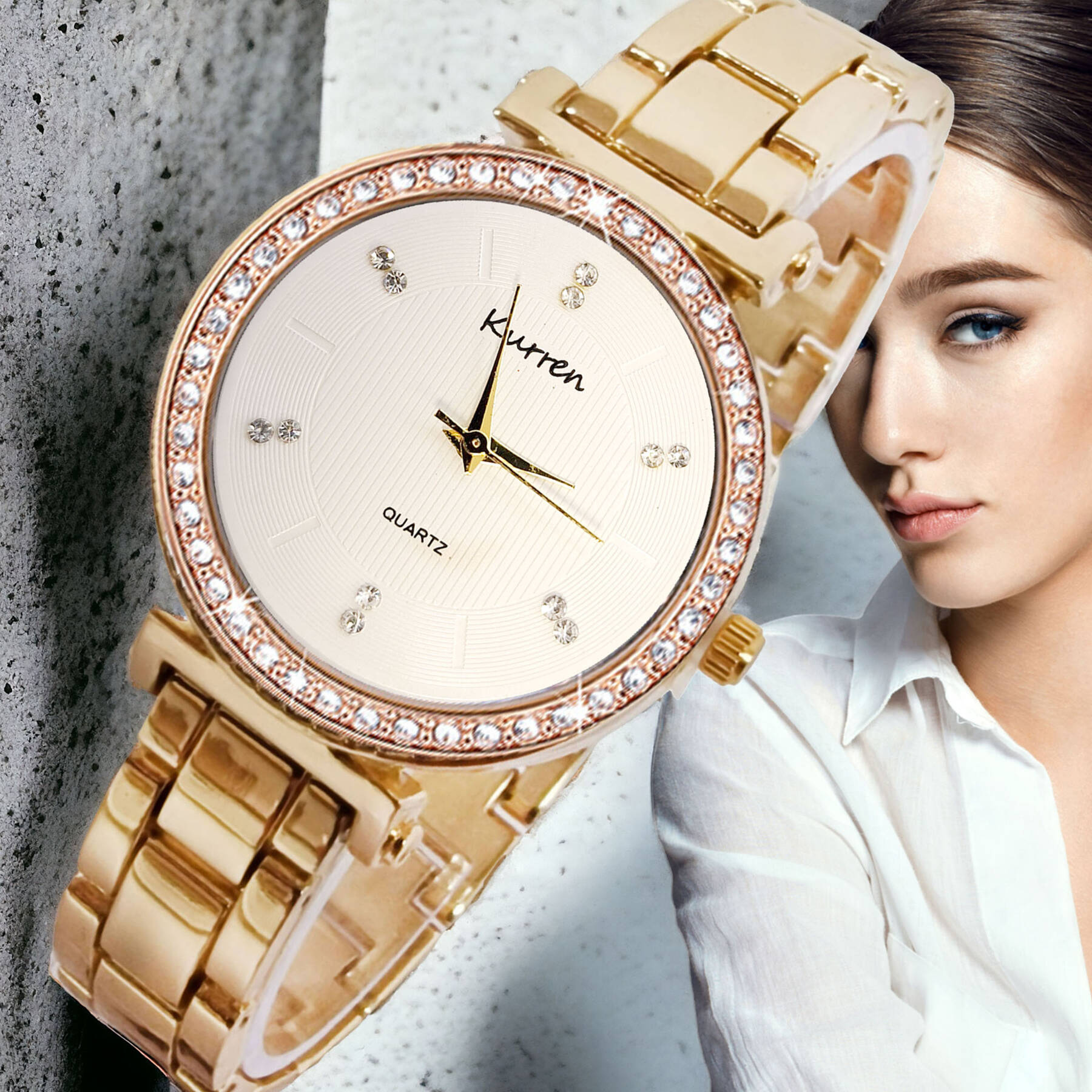 Klasyczny Elegancki Złoty Damski Zegarek Bransoleta Stal Nierdzewna ...